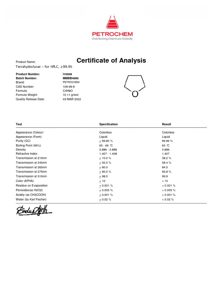 THF Coa | PDF | Tetrahydrofuran | Applied And Interdisciplinary Physics