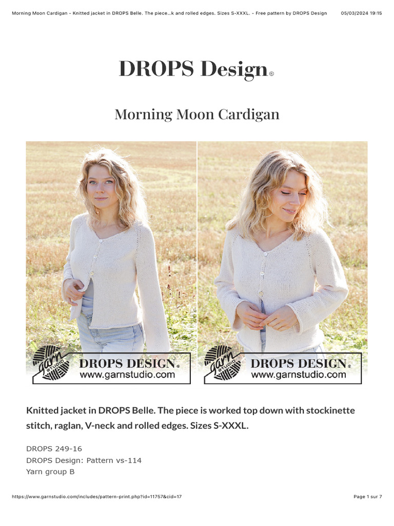 Morning Moon Cardigan in DROPS Belle | PDF | Knitting | Knitting Needle