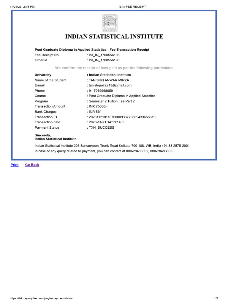 ISI Fee Receipt for Applied Statistics | PDF
