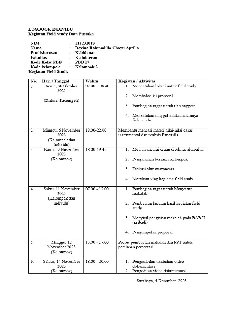 Logbook Field Study Kebidanan | PDF