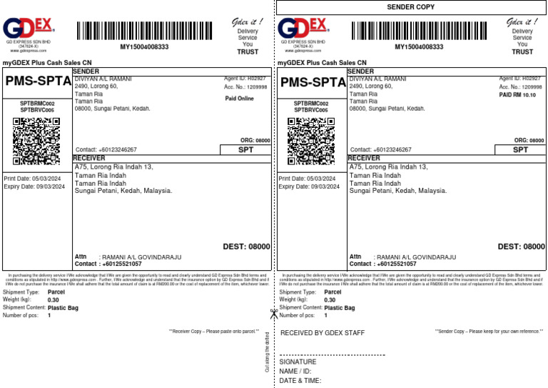 Delivery Receipt for Diviyan Ramani | PDF