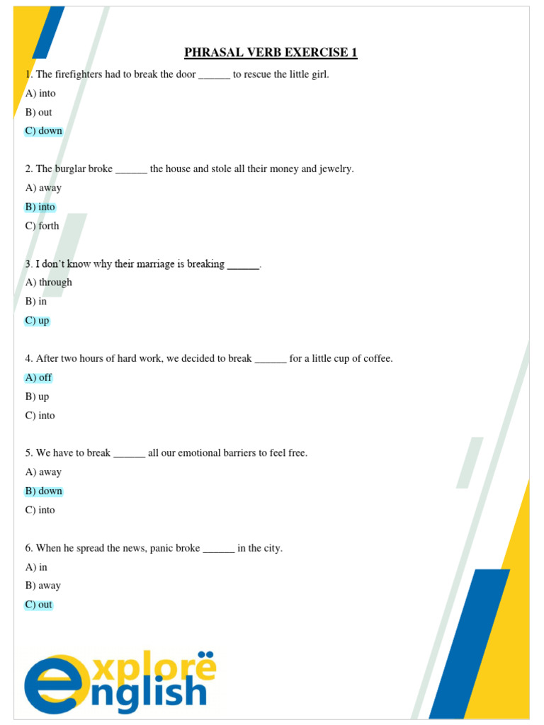 Phrasal Verb Exercise 1 | PDF