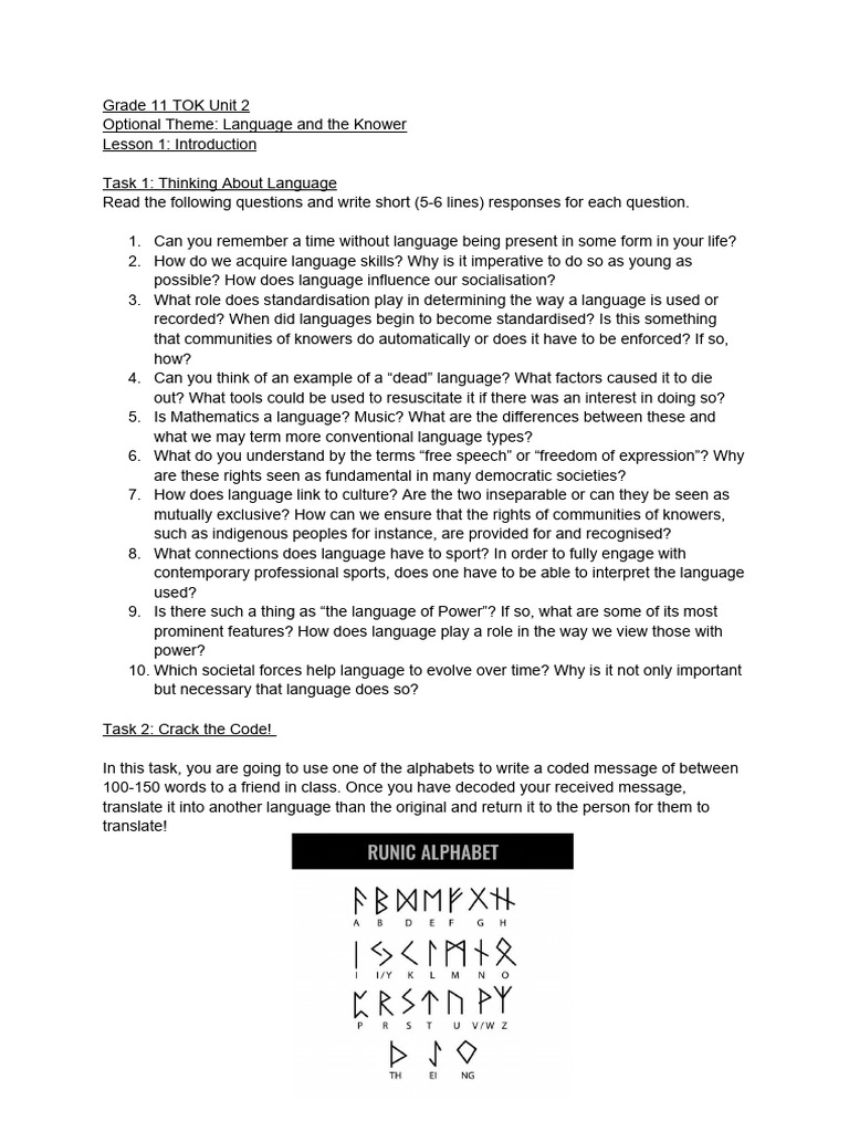 Grade 11 TOK Unit 2 Lanugage and The Knower L1 | PDF