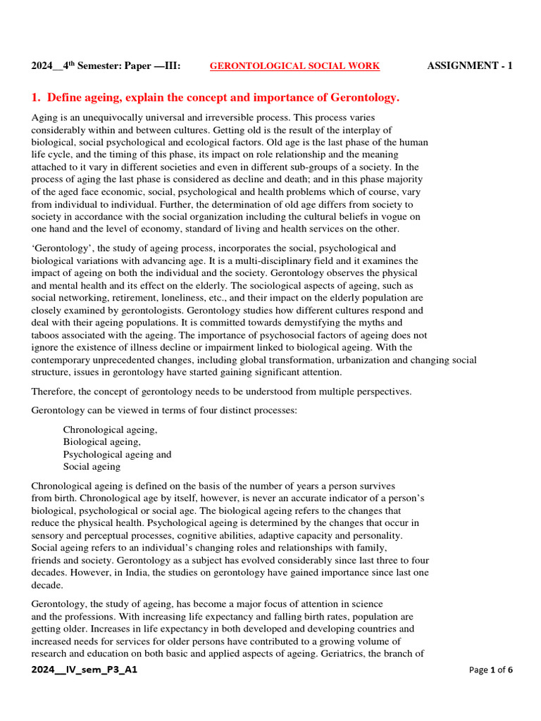 Define Ageing, Explain The Concept and Importance of Gerontology | PDF