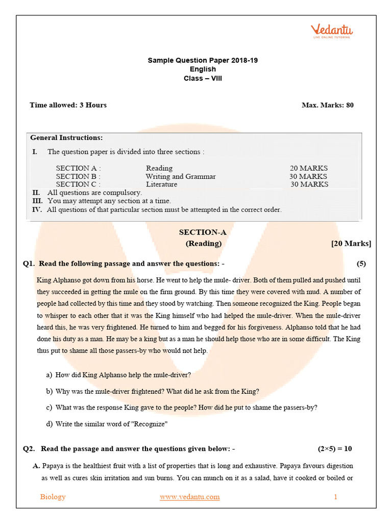 CBSE Sample Paper For Class 8 English With Solutions - Mock Paper-1 | PDF | Trees | Digestion