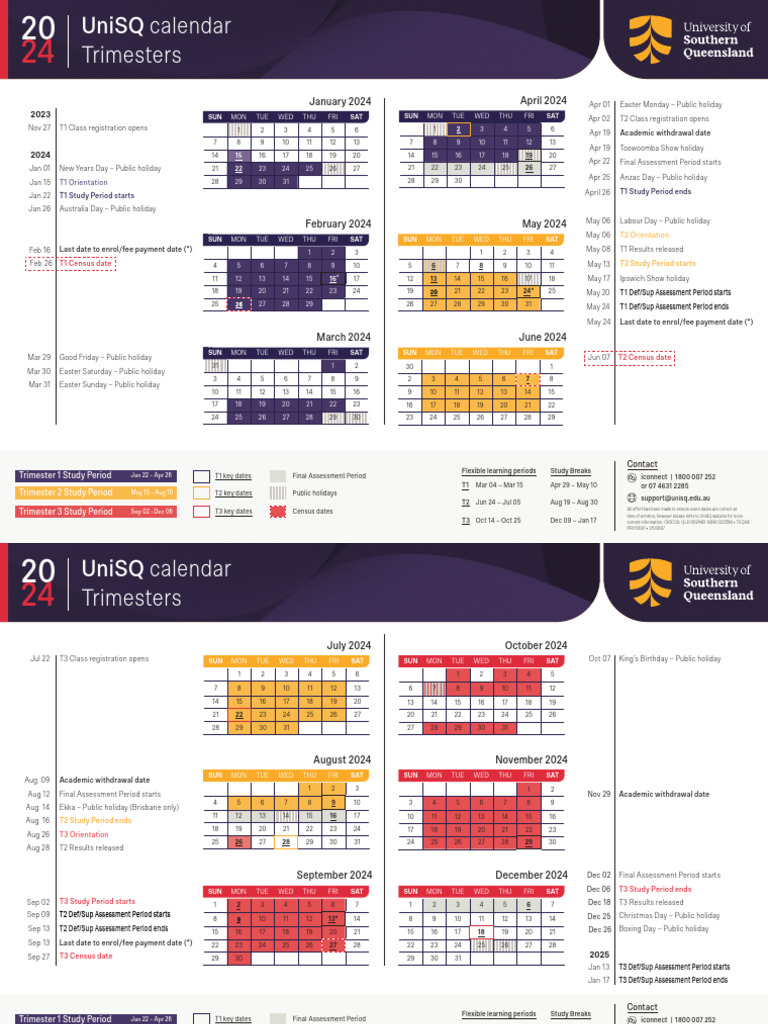 UniSQ - Student Academic Calendar 2024 - Trimesters - v4 | PDF