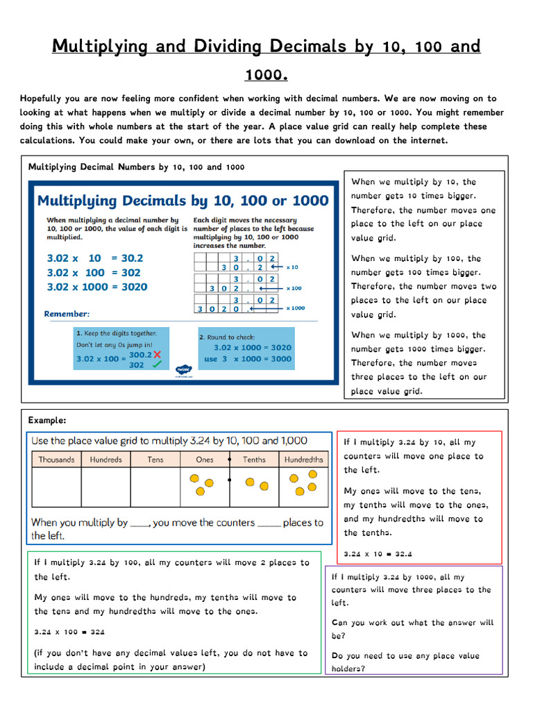 Year 5 Multiplying and Dividing Decimals by 10 100 and 1000 | PDF