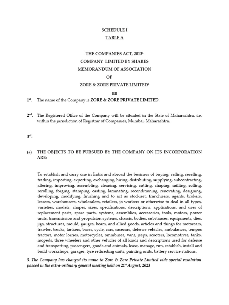 Memorandum of Zore & Zore Pvt Ltd | PDF | Business | Finance & Money ...
