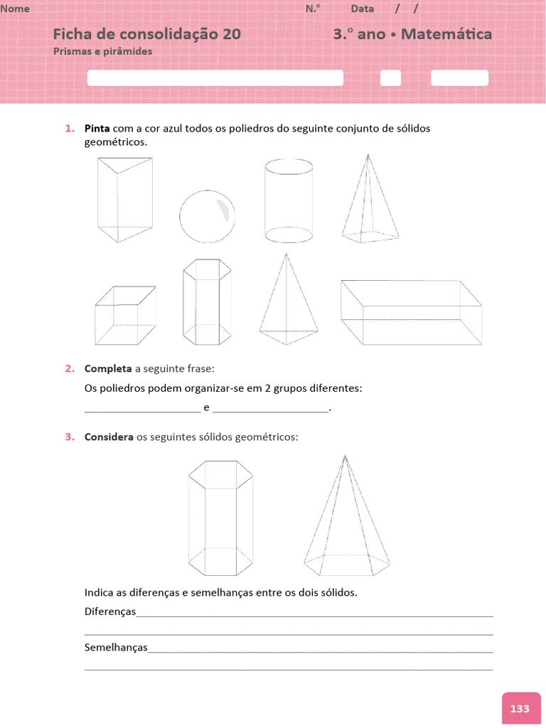 Ficha De Consolidação 20 3 º Ano Matemática Prismas E Pirâmides Pdf