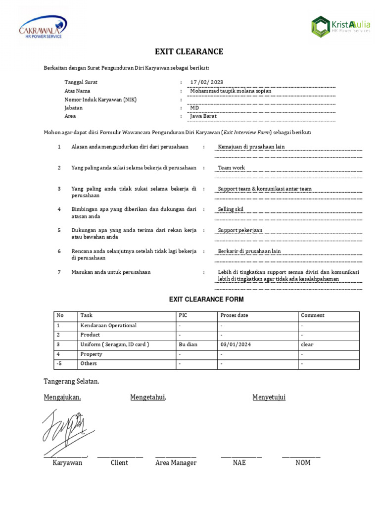 EXIT CLEARENCE PROJECT Taufik | PDF