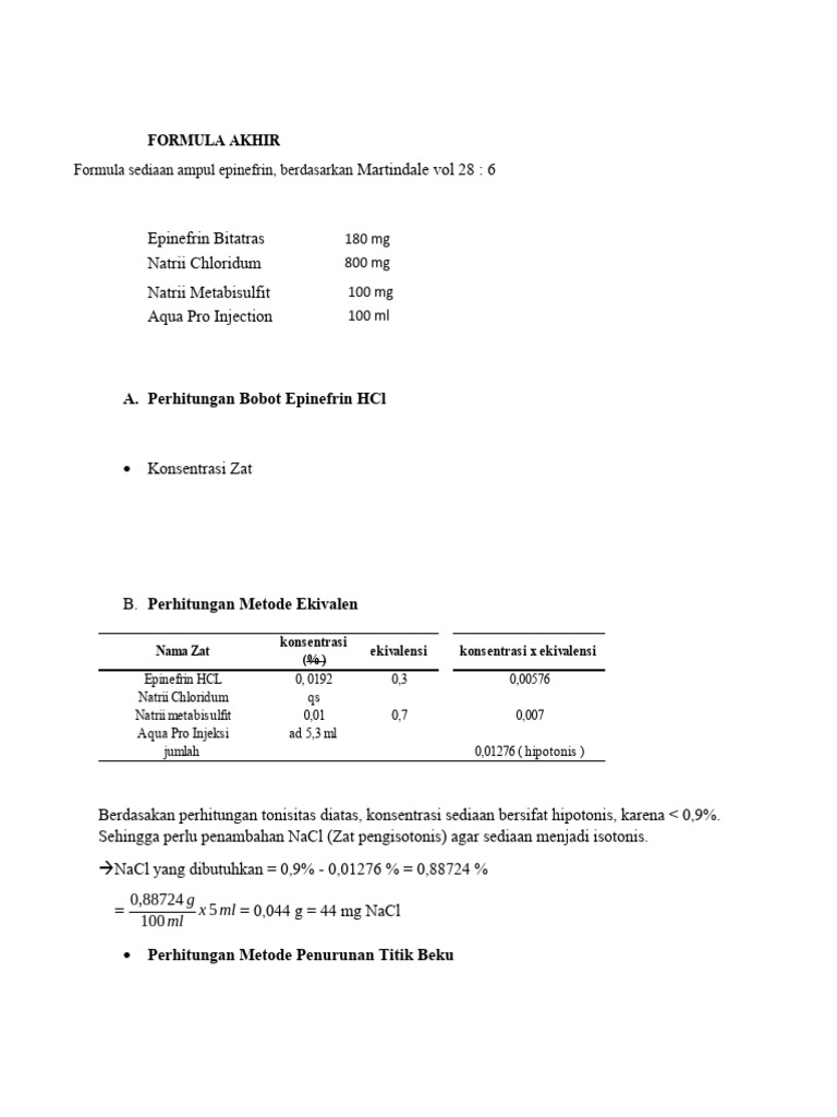 Perhitungan Tonisitas Epinefrin HCL | PDF