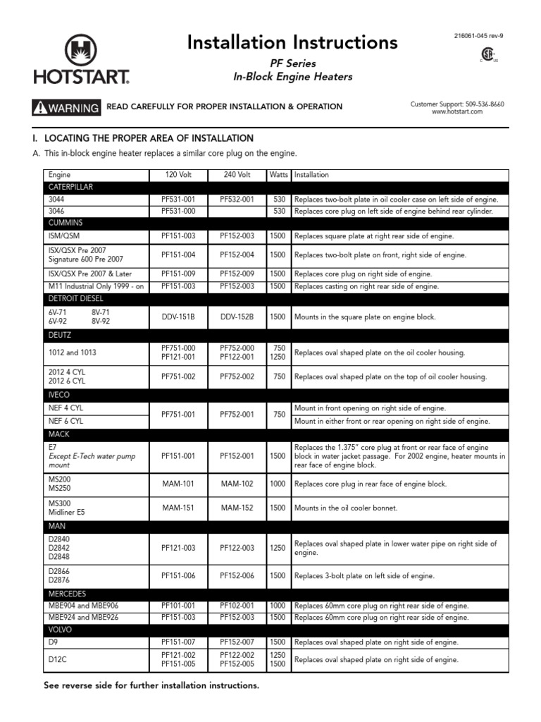 HOTSTART Manual PF in Block Heater EN | PDF