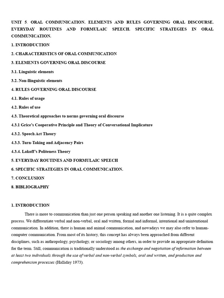 Unit 5. Oral Communication. Elements and Rules Governing Oral Discourse ...