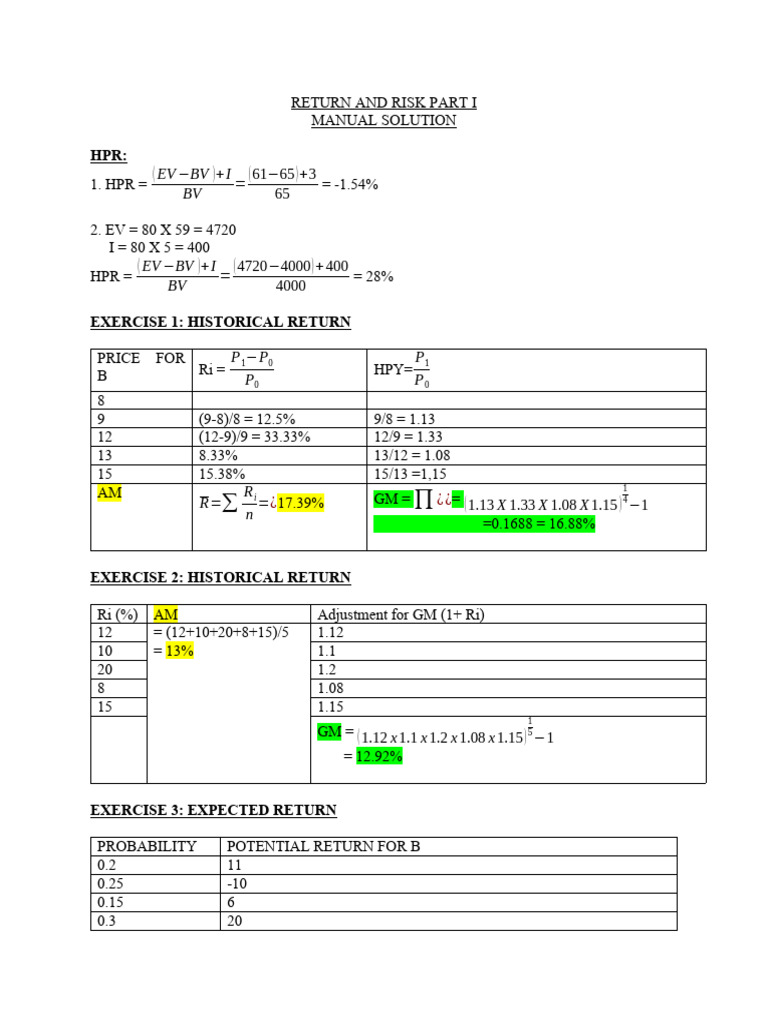 Return and Risk Analysis Exercises | PDF