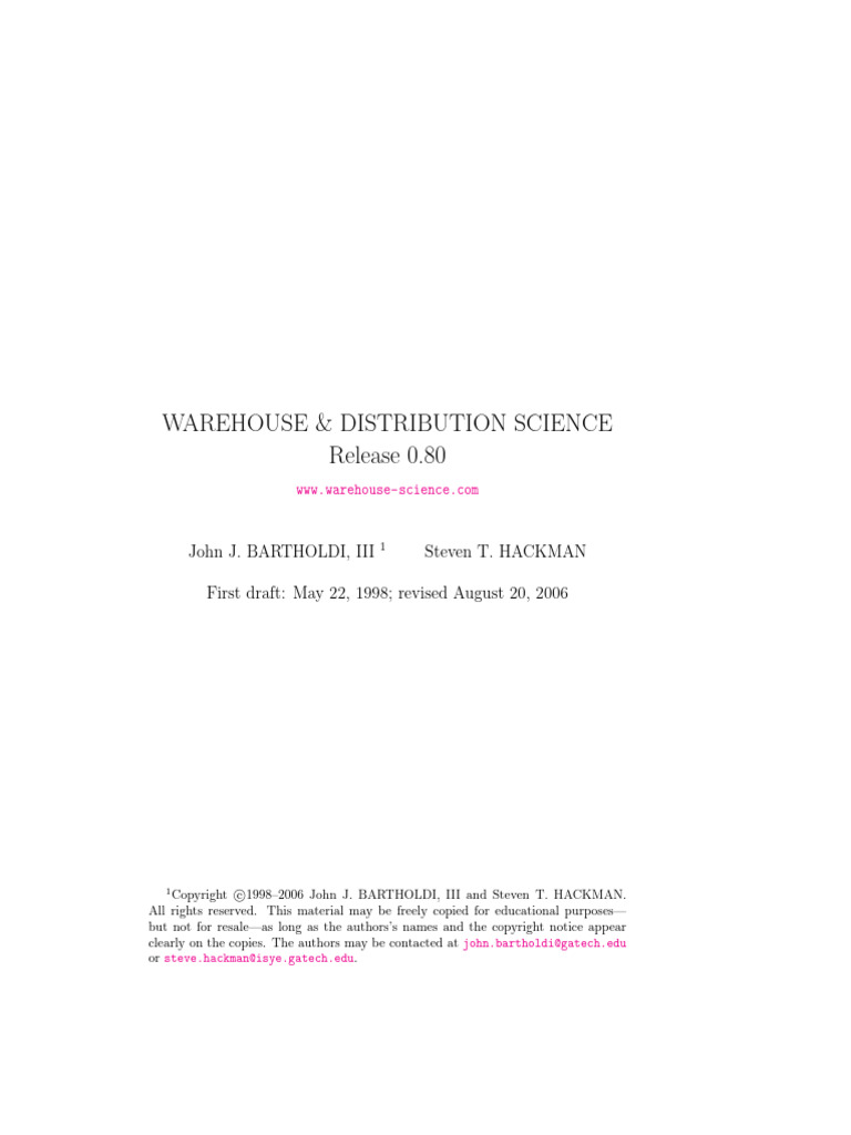 Warehouse and Distribution Science - Bartholdi and Hackman | PDF