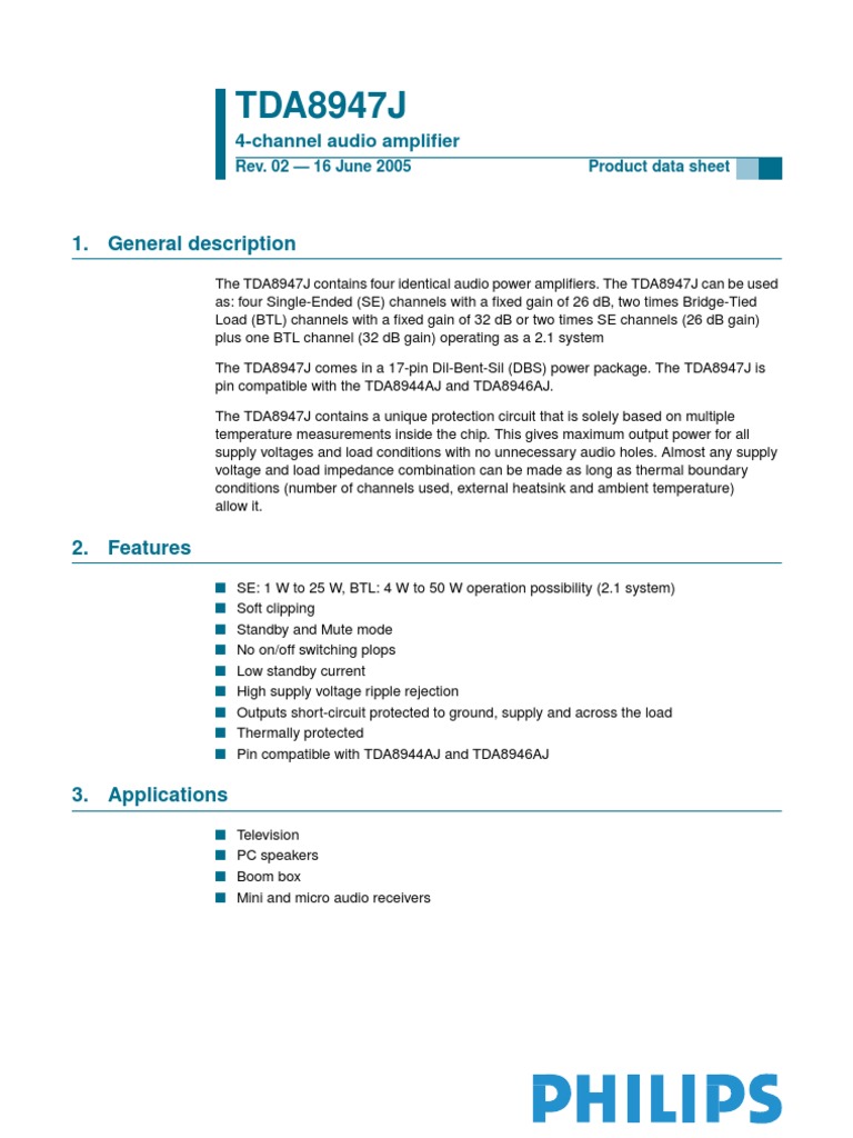 TDA8947J: 1. General Description | PDF | Capacitor | Electrical Engineering