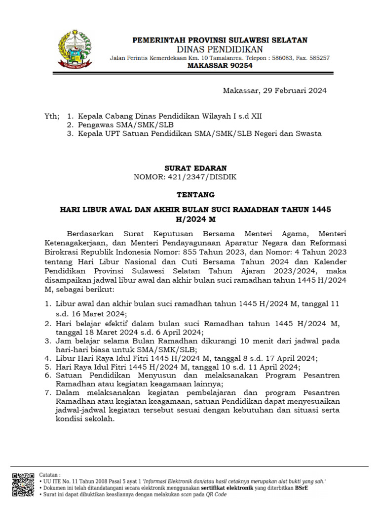 Surat Edaran Libur Ramadhan 2024 | PDF
