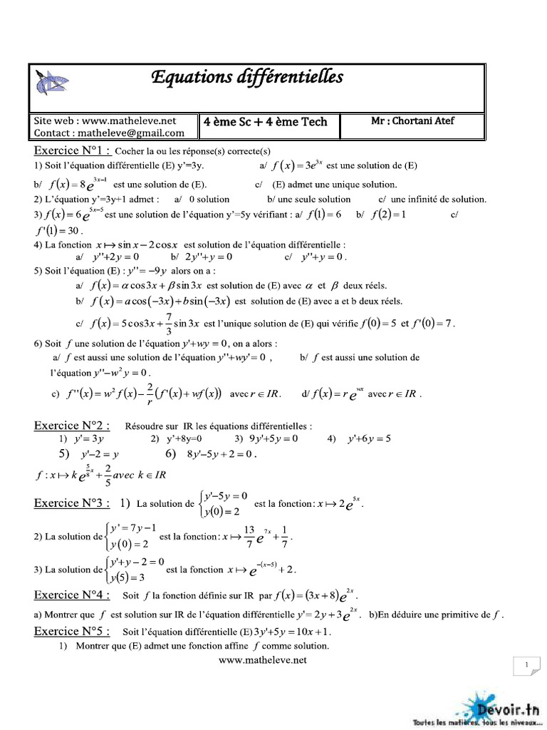 Quations Différentielle (MR Chortani Atef) (Lycée Ali Bourguiba Bembla ...