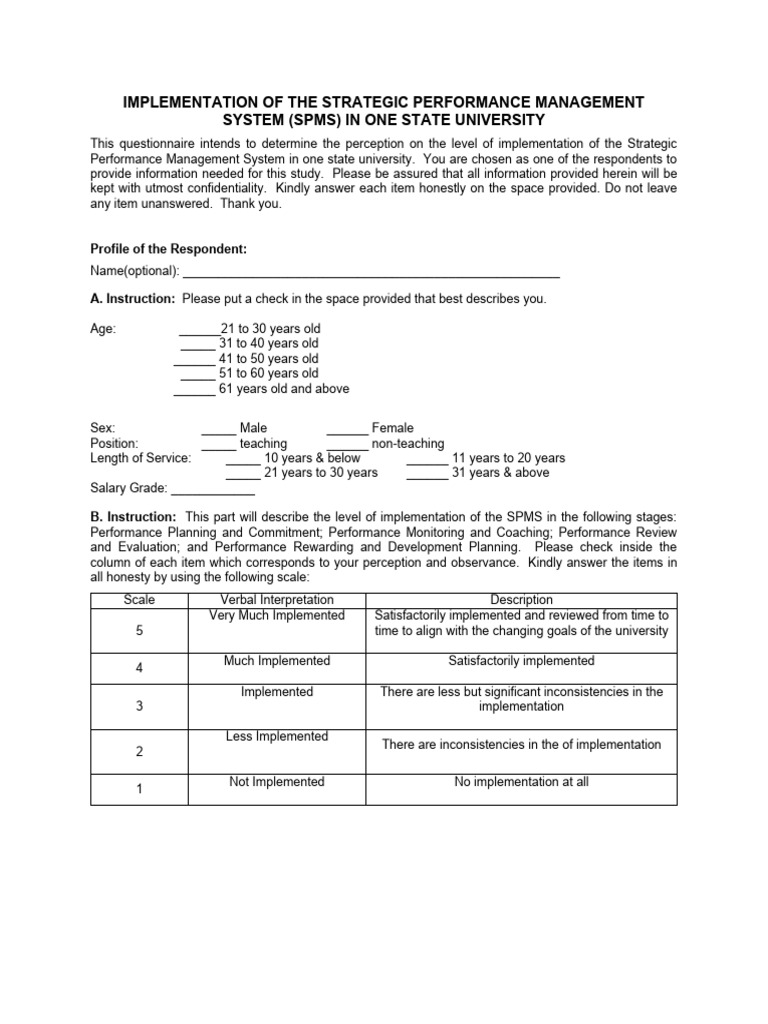 questionnaireforIMPLEMENTATION OF THE STRATEGIC PERFORMANCE MANAGEMENT ...