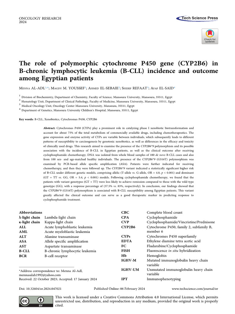 The Role of Polymorphic Cytochrome P450 Gene CYP2B 2 | PDF | Cytochrome P450 | Leukemia