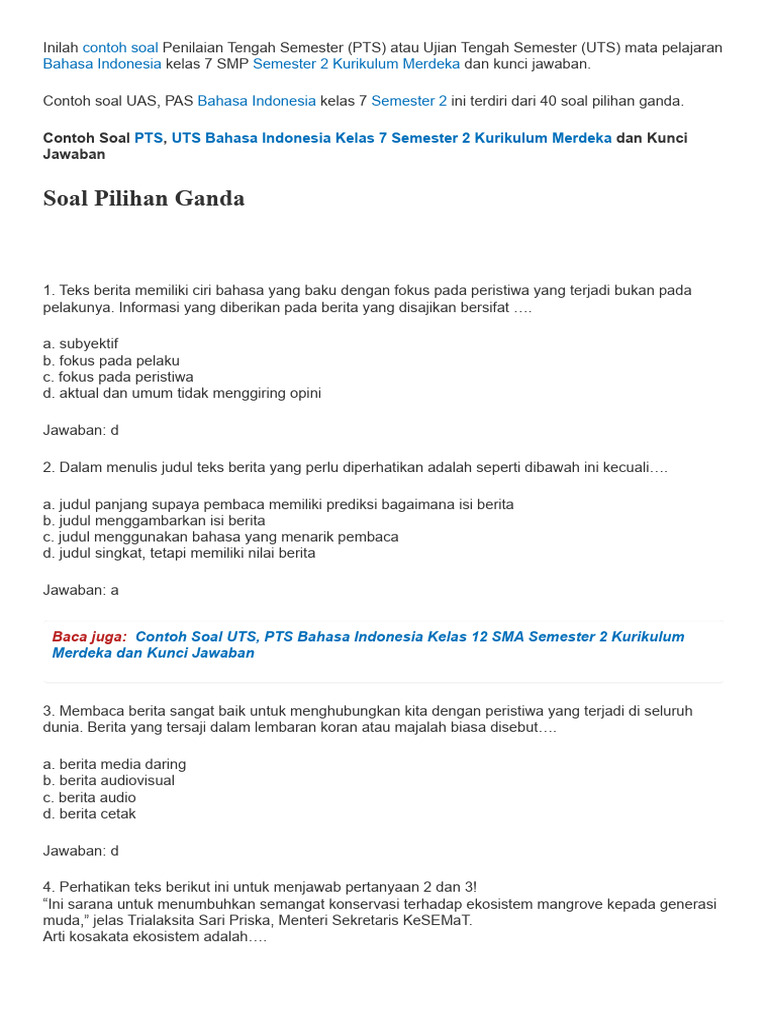 Contoh Soal PTS, UTS Bahasa Indonesia Kelas 7 Semester 2 Kurikulum Merdeka Dan Kunci Jawaban | PDF