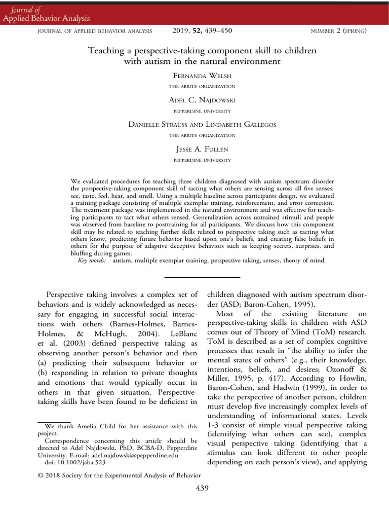 J of App Behav Analysis - 2018 - Welsh - Teaching A Perspective Taking ...