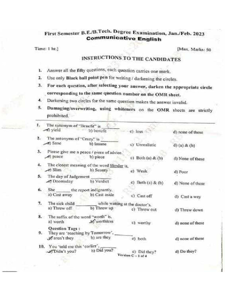 COMMUNICATIVE ENGLISH KEY ANSWERS 2023 VTU EXAM(1) | PDF