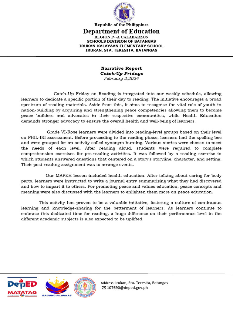 February 2, 2024 Catch-Up Fridays Narrative Report | PDF | Learning | Behavior Modification