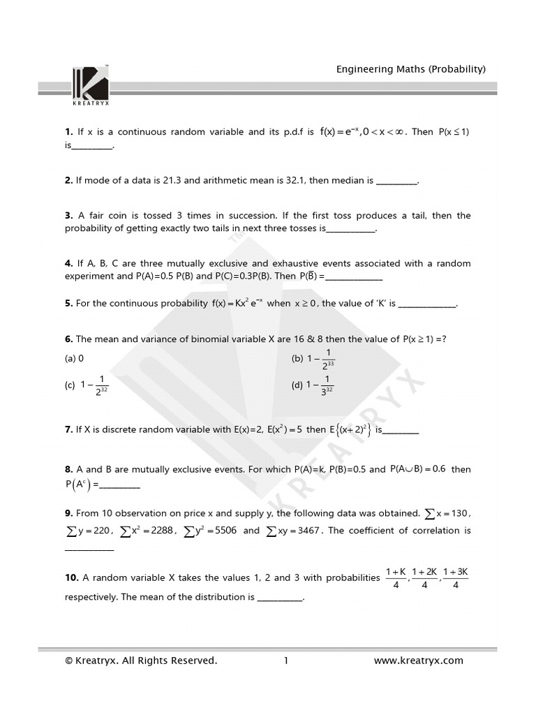 Engineering Maths Probability Questions | PDF | Probability ...