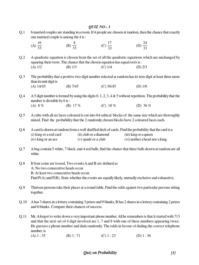 Probability Quiz (1 To 7) | PDF | Probability | Odds