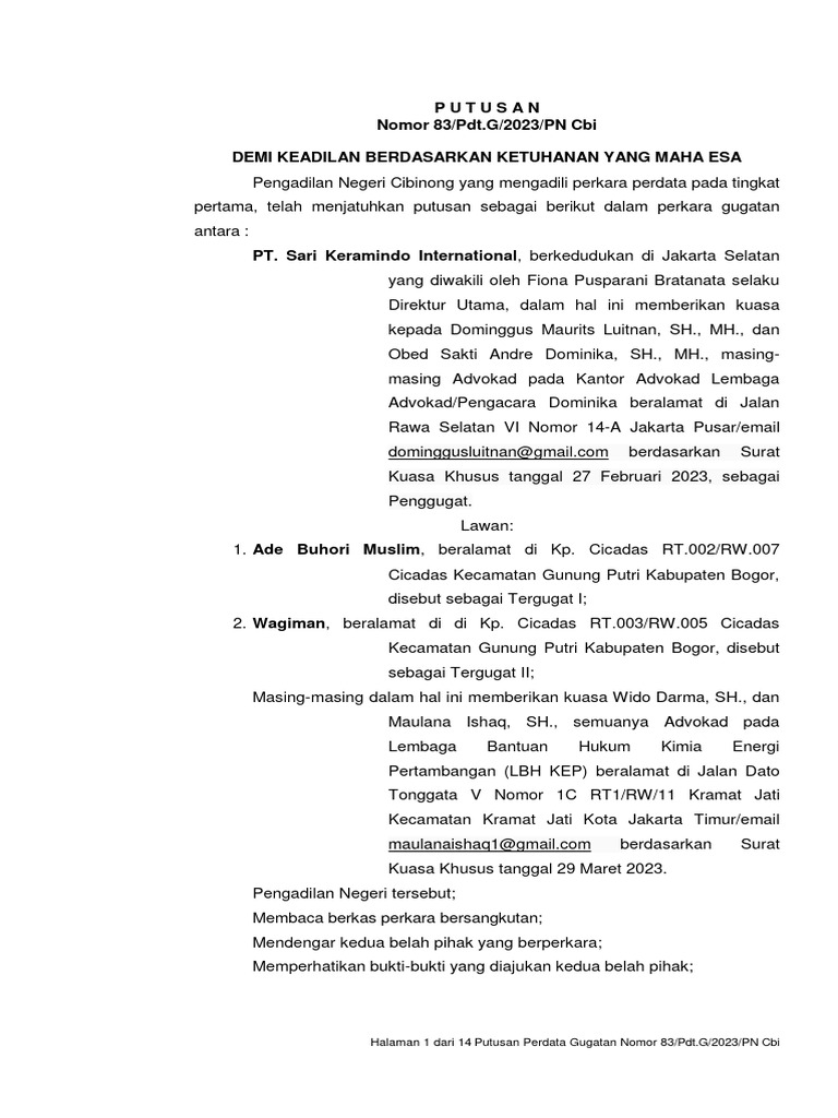 Salinan Putusan 83 PDT G 2023 PN Cbi | PDF