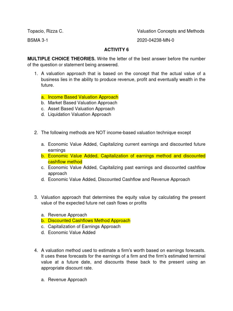 Topacio Rizza C. Activity 6-1 | PDF | Cost Of Capital | Valuation (Finance)
