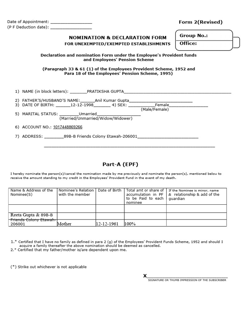 EPF and EPS Nomination Form Template | PDF | Retirement | Personal Finance