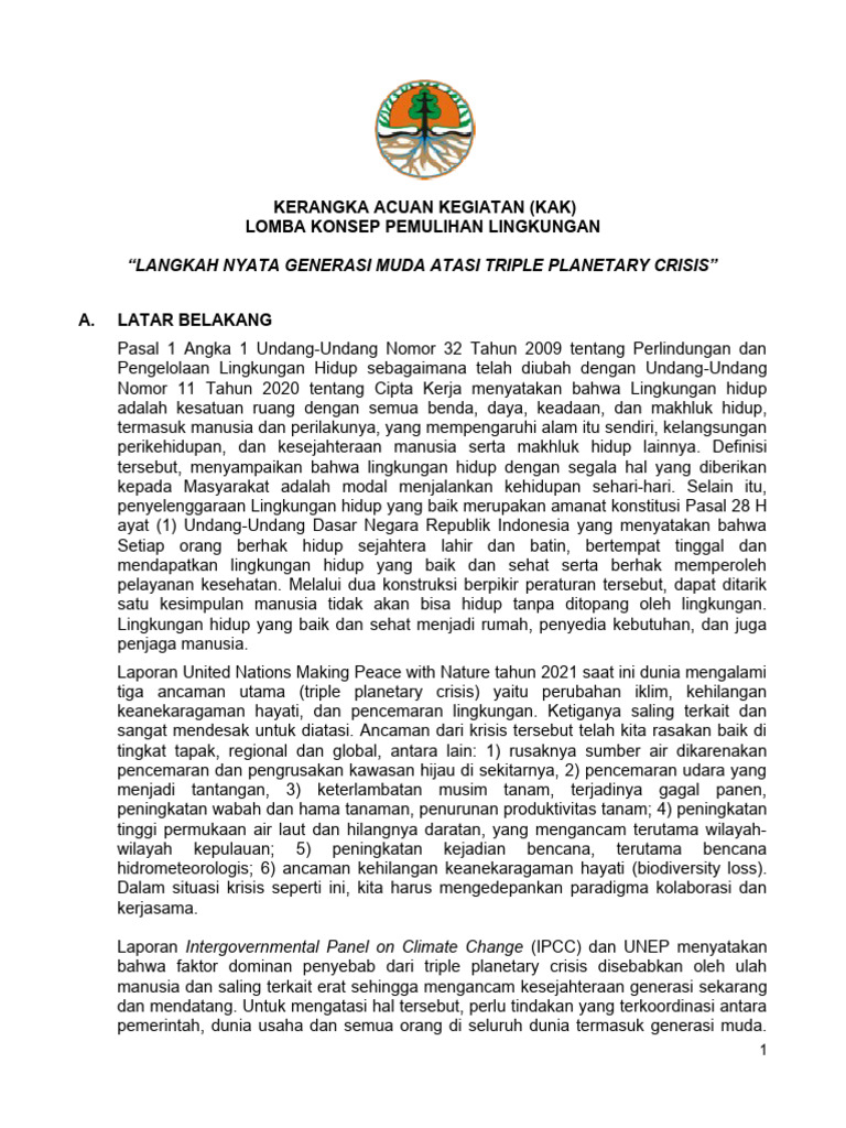 Tor Lomba Pemulihan Lingkungan 2024 - Ditjen PPKL KLHK | PDF