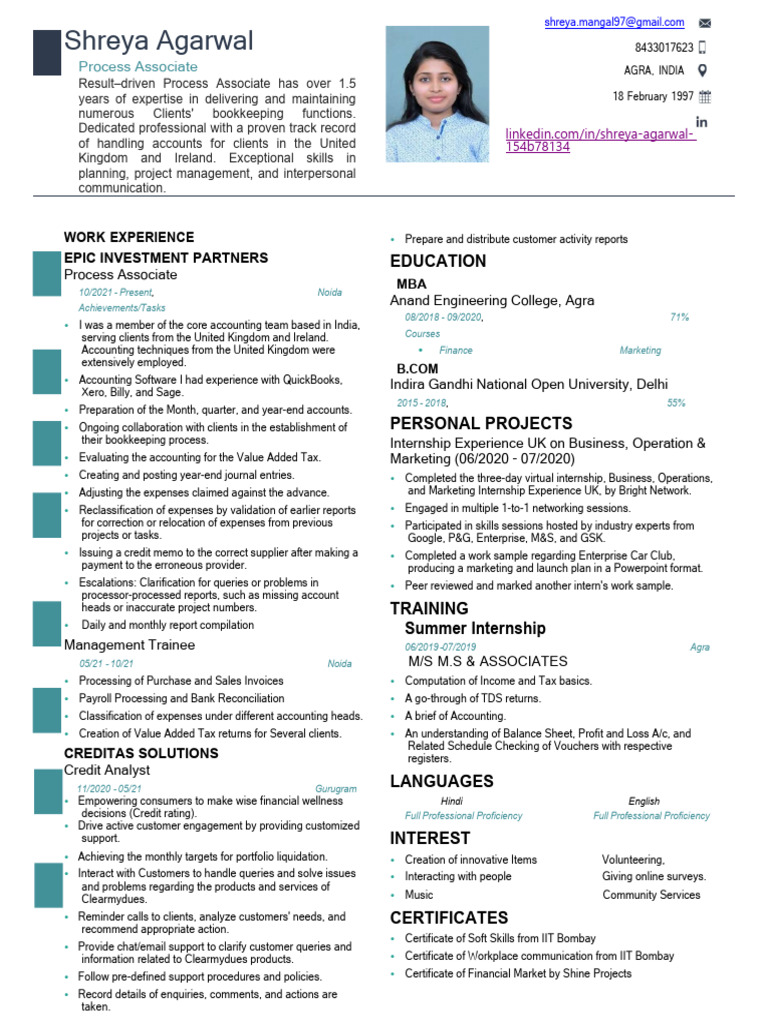 Shreya Agarwal Resume | PDF | Customer | Accounting