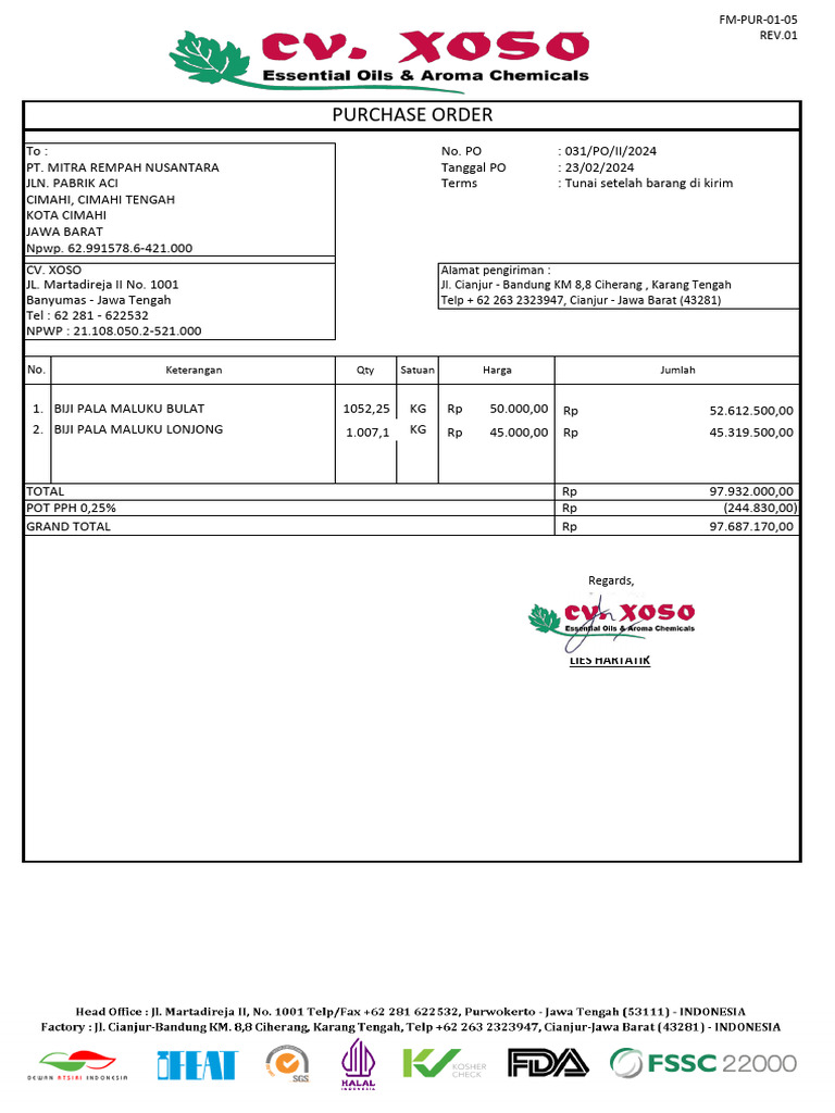Purchase Order CV. Xoso 2024 | PDF