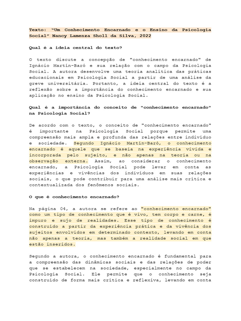 Texto - "Um Conhecimento Encarnado e o Ensino Da Psicologia Social ...