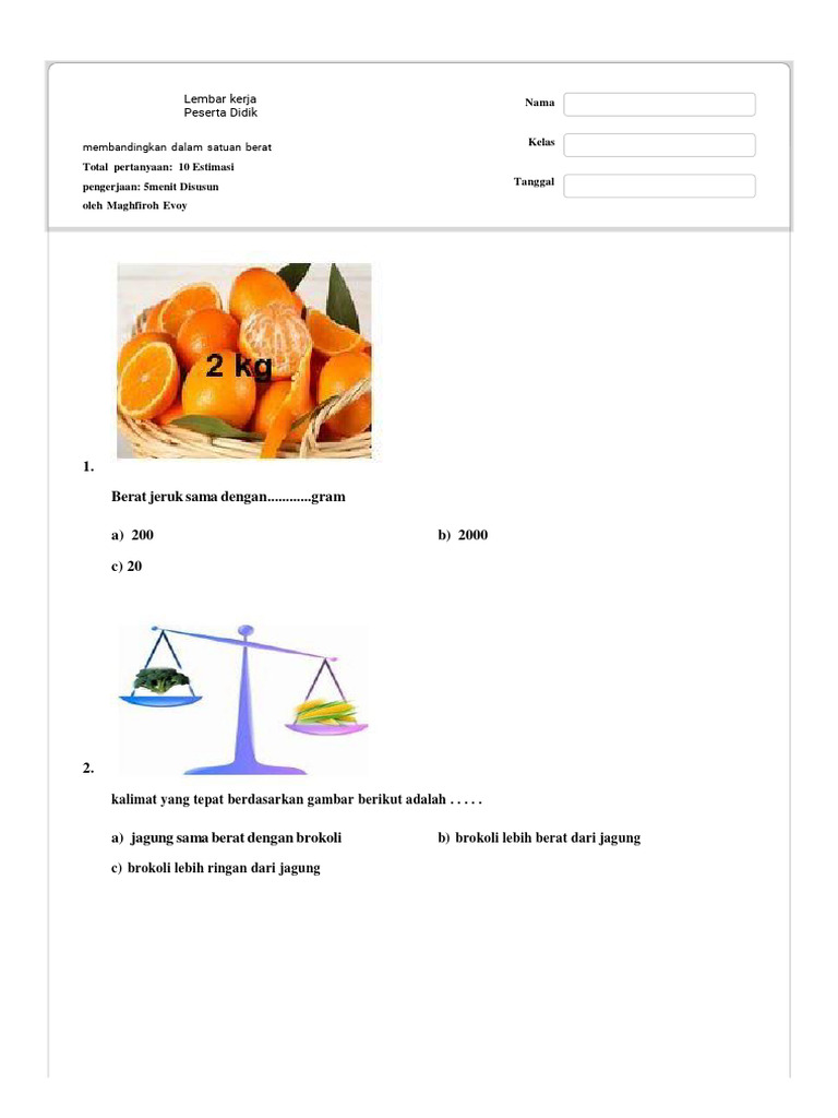 LKPD Matematika Kelas 2 Membandingkan Dalam Satuan Berat | PDF