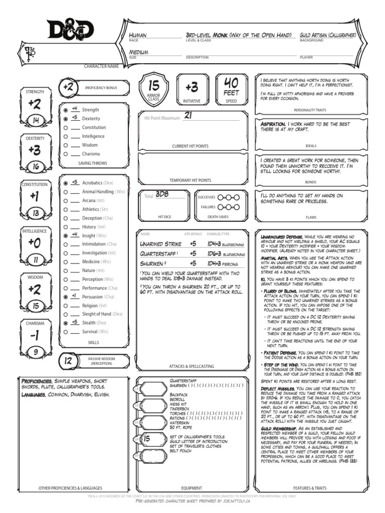 DD 5e Monk 3 Open Hand Human Guild Artisan | PDF
