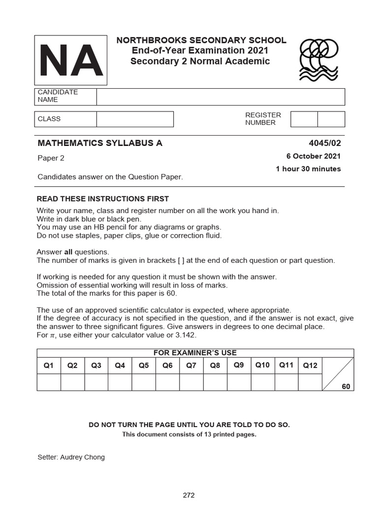 2021 Sec 2 NA Math - Northbrooks Sec SCH (Paper 2) | PDF