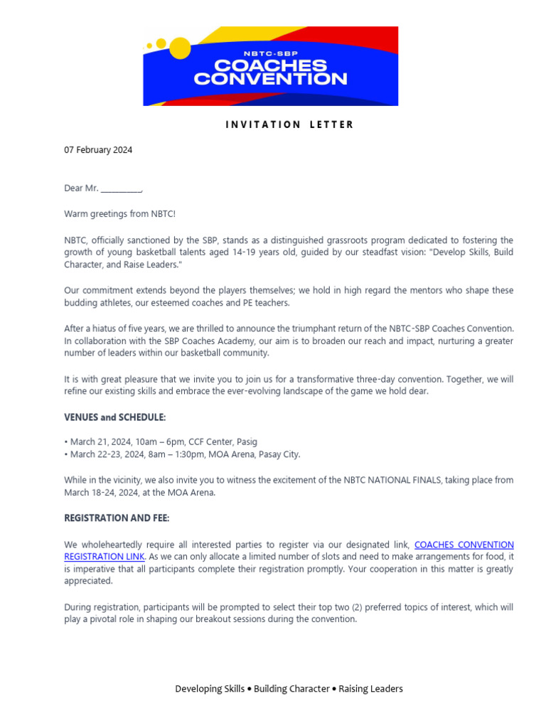 NBTC Coaches Convention Invitation 2024 | PDF