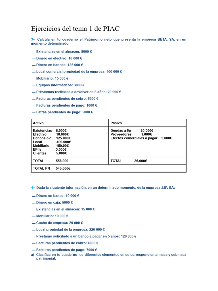 Ejercicios Del Tema 1 de PIAC | Descargar gratis PDF | Valor neto | Bancos