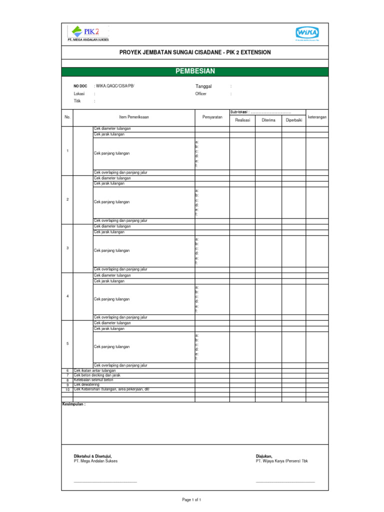 Form Checklist Pembesian | PDF