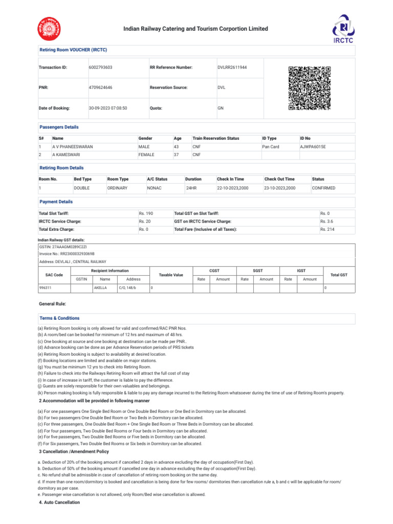 IRCTC Retiring Room | PDF | Dormitory | Payments