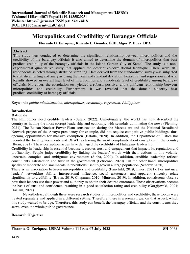 Micropolitics & Barangay Credibility | PDF | Sampling (Statistics ...