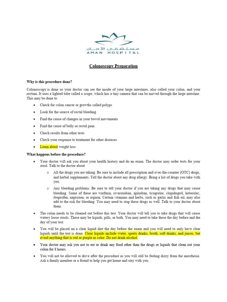 Colonoscopy Pre-Procedure Instructions | Download Free PDF ...