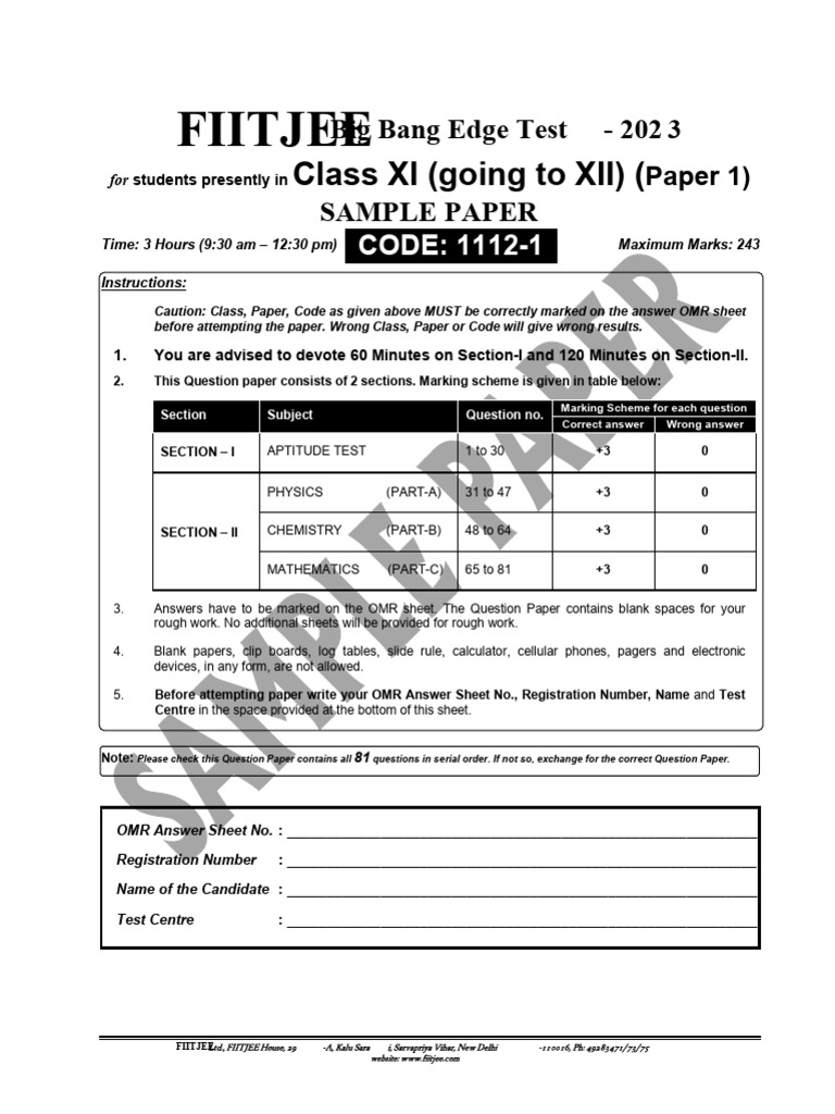 Sample+paper Bbe 2023 Class Xi P1 At+pcm | PDF