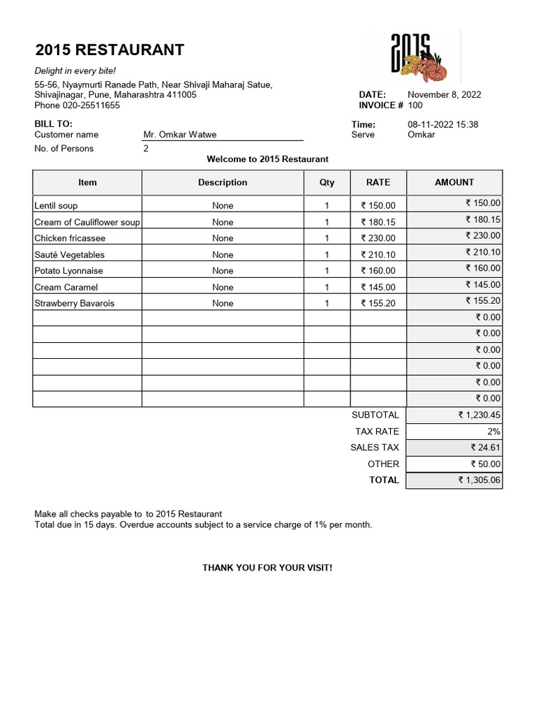 2015 Restaurant Bill Omkar Watwe | PDF | Cooking | Cuisine