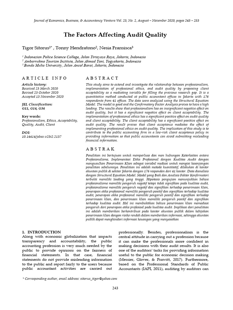 The Factors Affecting Audit Quality | PDF