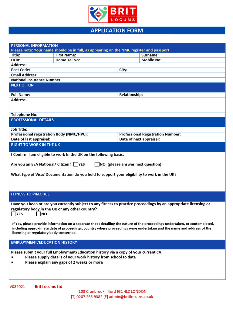 Application Form - BRIT LOCUMS | PDF | Government | Justice